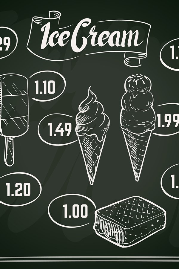 Hand drawn ice cream menu vector design on chalkboard