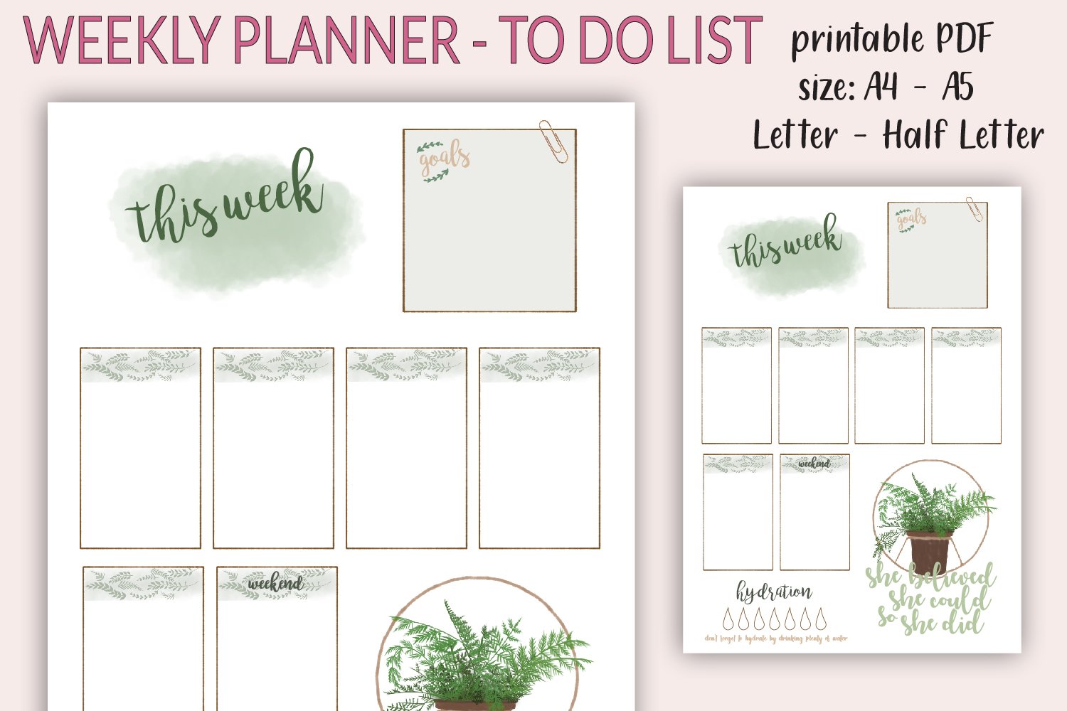 Weekly Planner printable PDF - Undated planner - Green theme