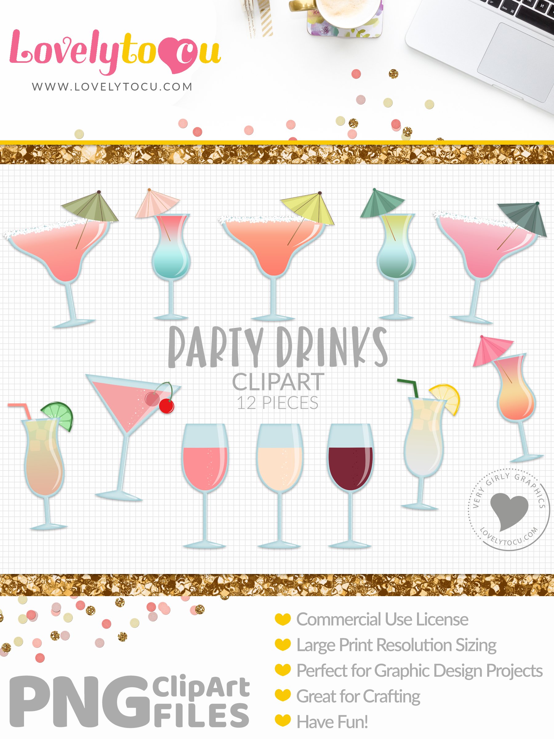 Summer cocktail clipart graphics, party drinks, mocktails