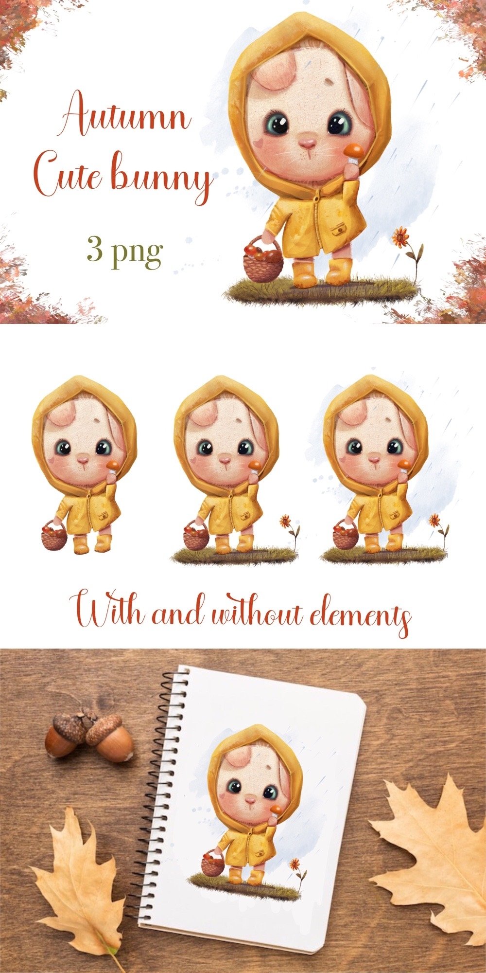 Cute autumn bunny Watercolor PNG, Cartoon Little Animals