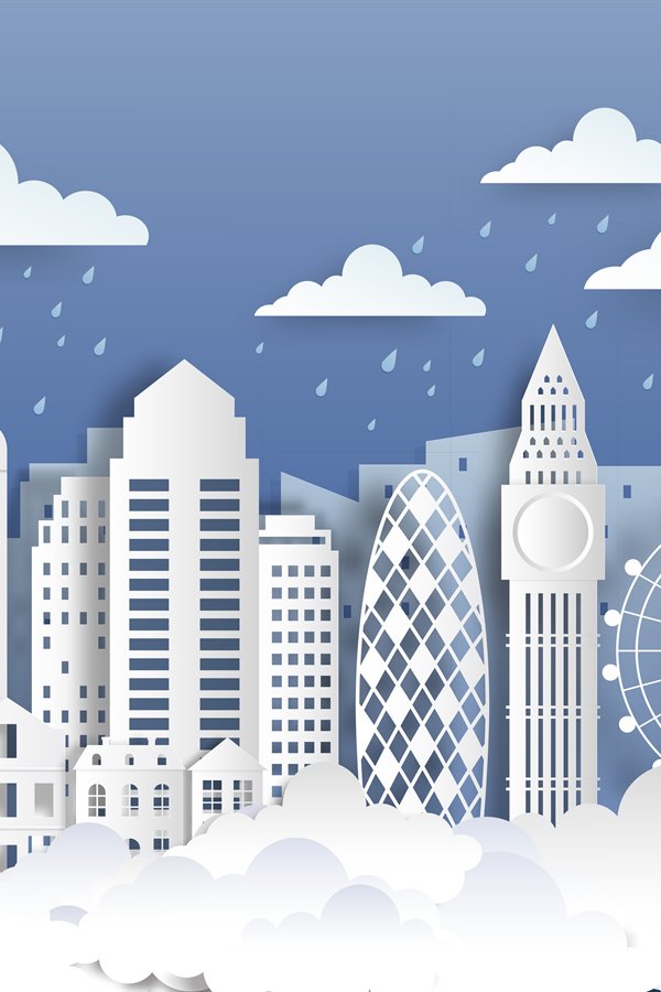 London paper landmarks. Paper cut city landscape with white