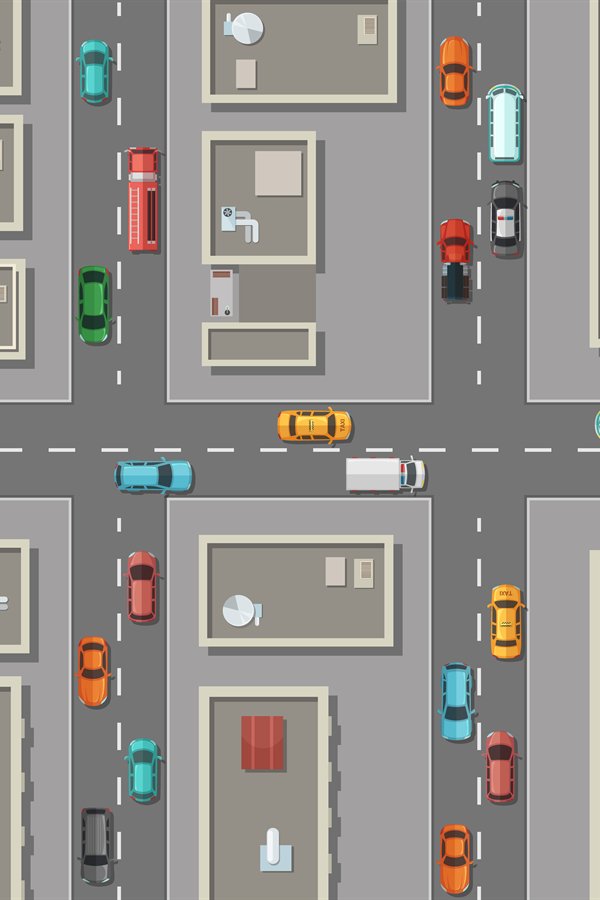 Vector top view city with office buildings rooftops, cars on