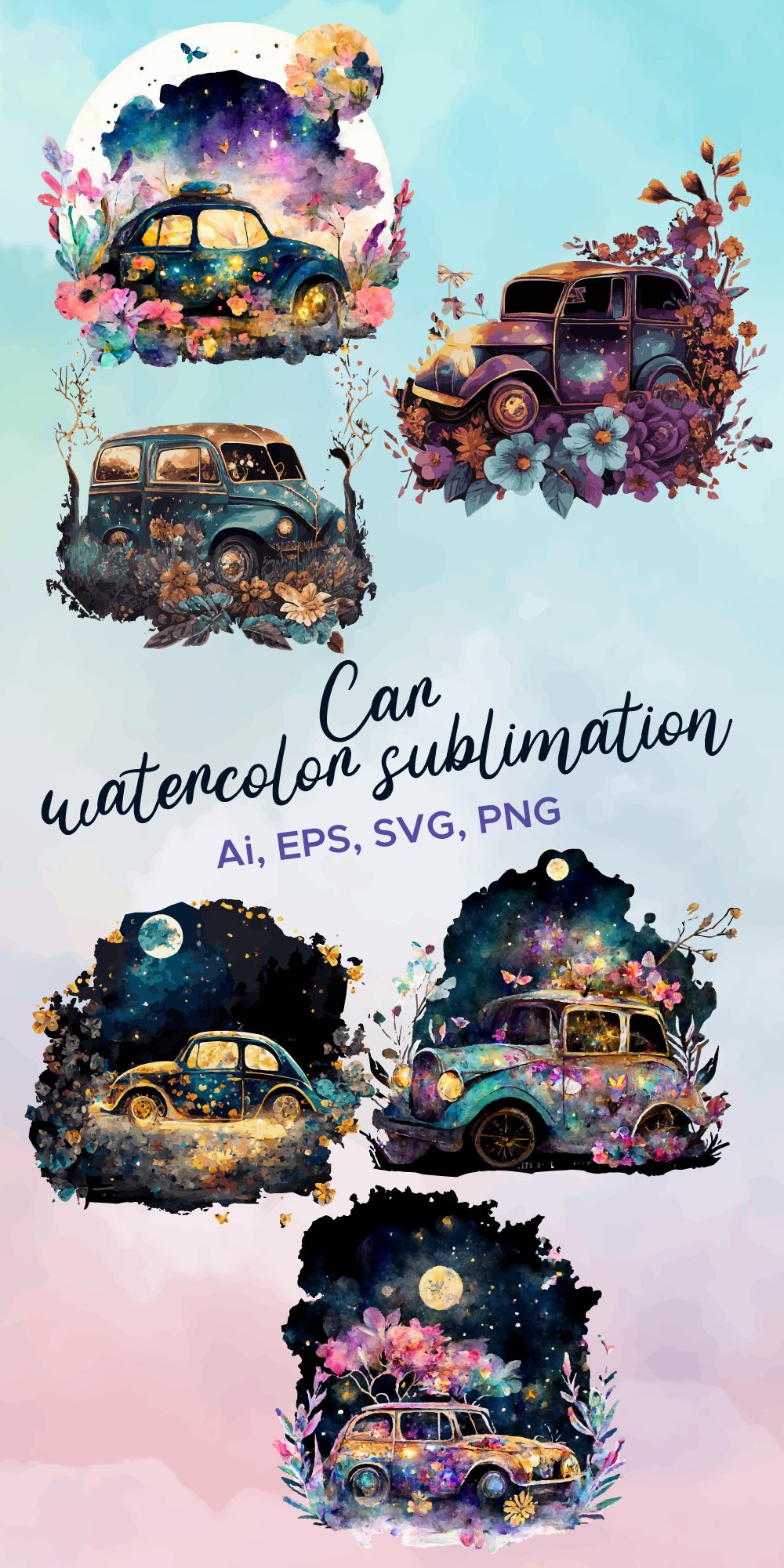 Floral car watercolor sublimation designs colorful