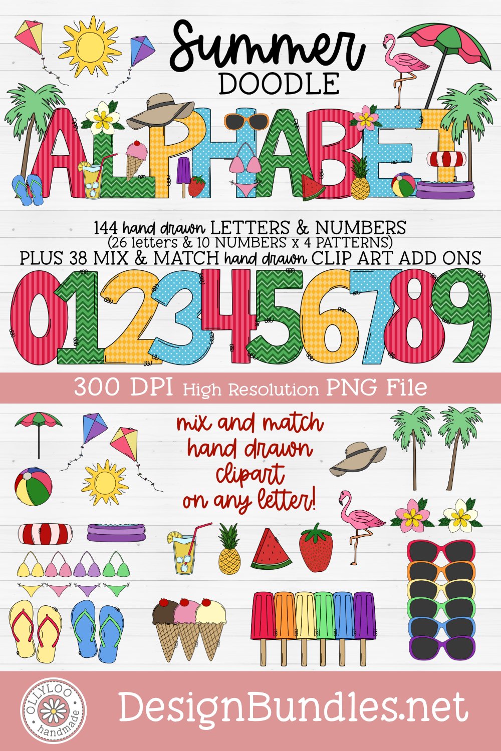 Summer Alphabet & Numbers Bundle with Hand Drawn Clipart
