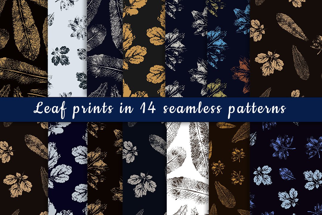 Leaf prints in 14 seamless patterns