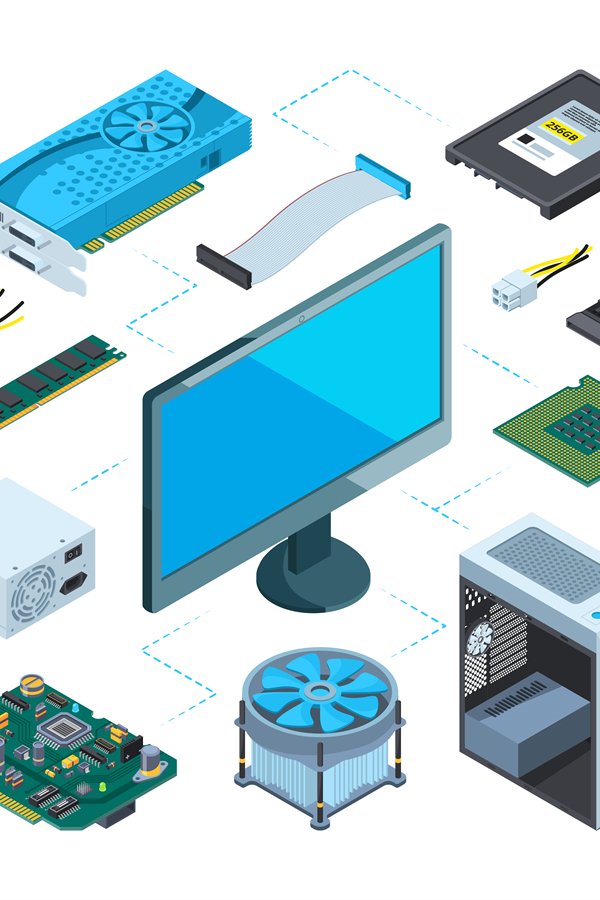 Isometric illustrations of computer hardware. Vector picture