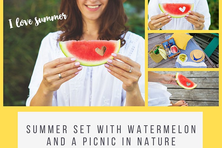 Summer set with watermelon and picnic in nature.