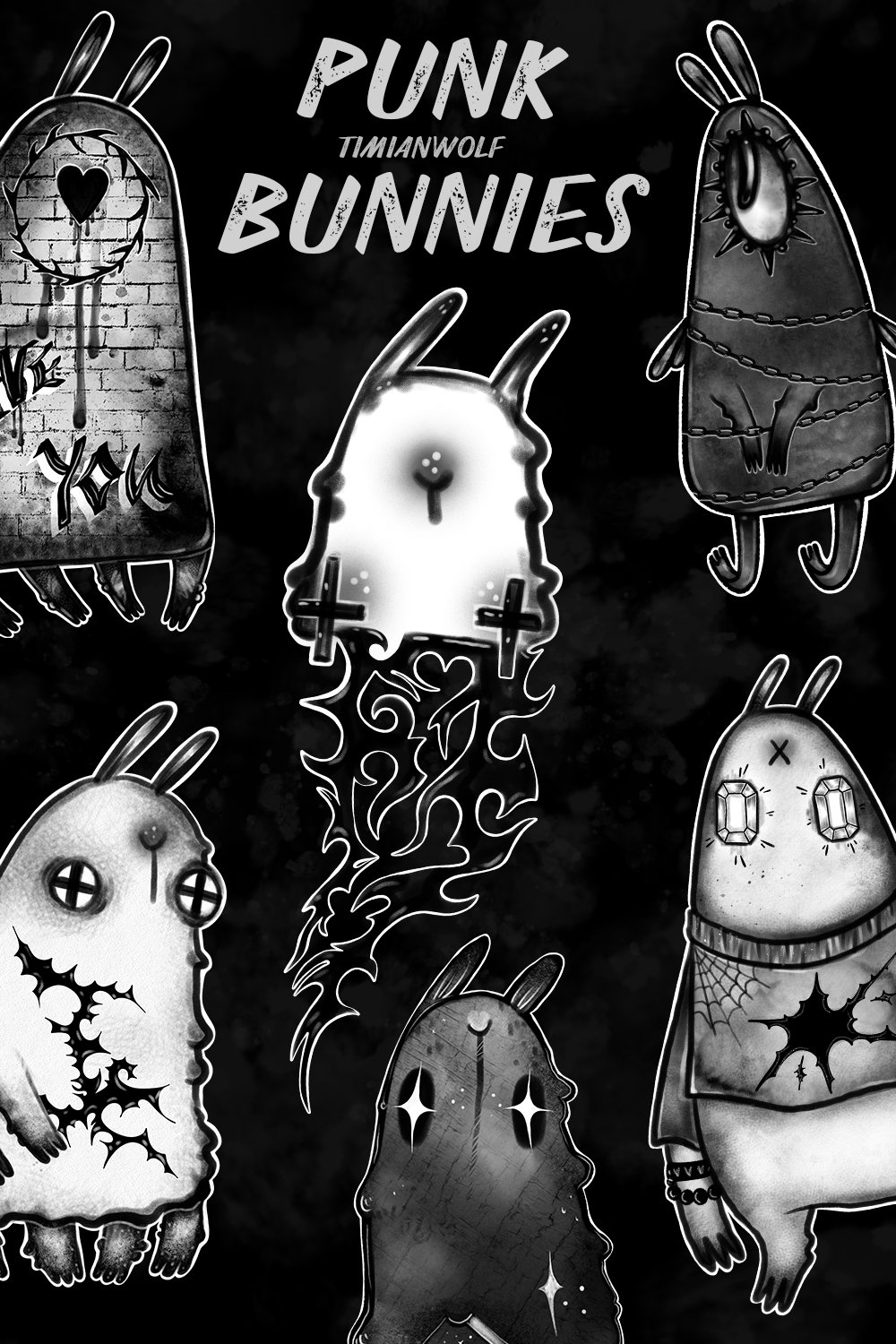 Punk Bunnies clipart characters set grunge street art animal