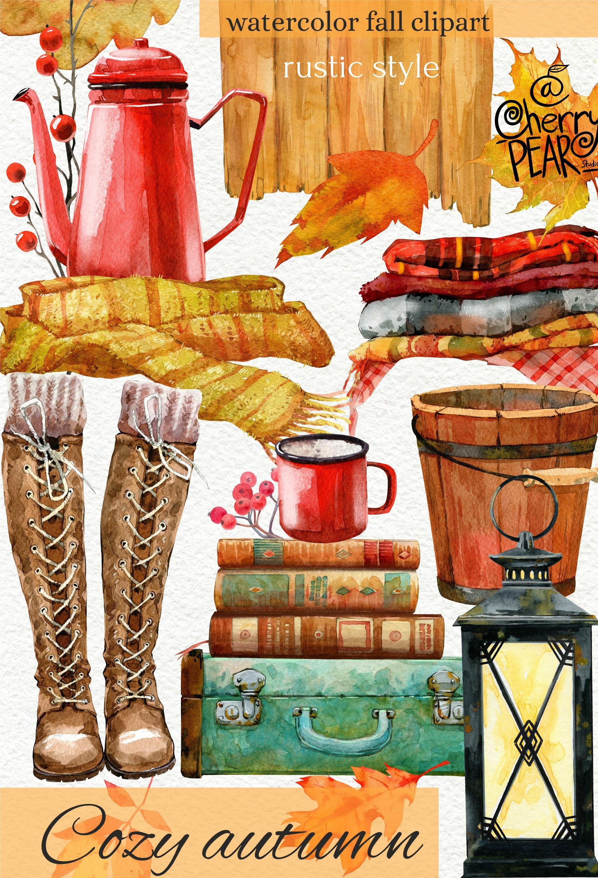 Cozy autumn. Watercolor Fall clipart, rustic style, PNG