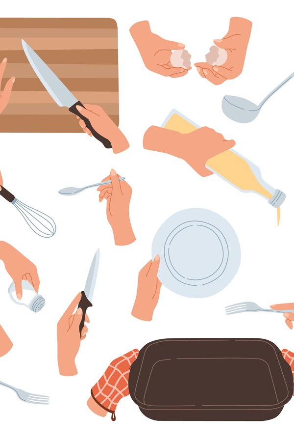 Cooking hands. Female hands holding kitchen accessories, ute