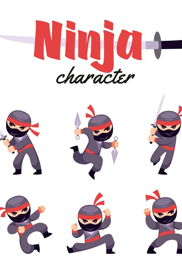 Cartoon ninja character. Japanese warrior in dark suit and m