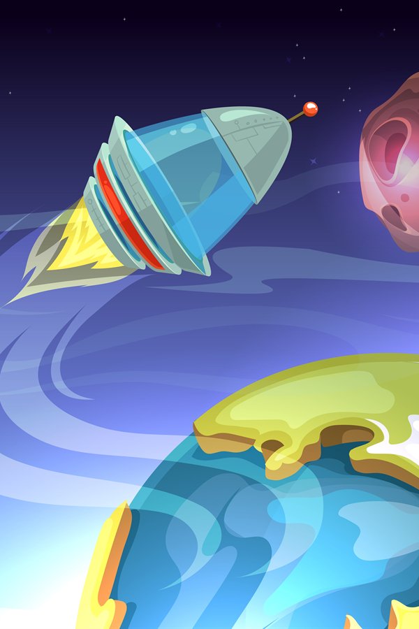 Space vector cartoon comic background with spaceship and pla