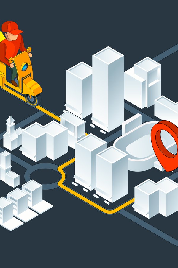 Urban 3d map navigation. Isometric map with delivery pizza n