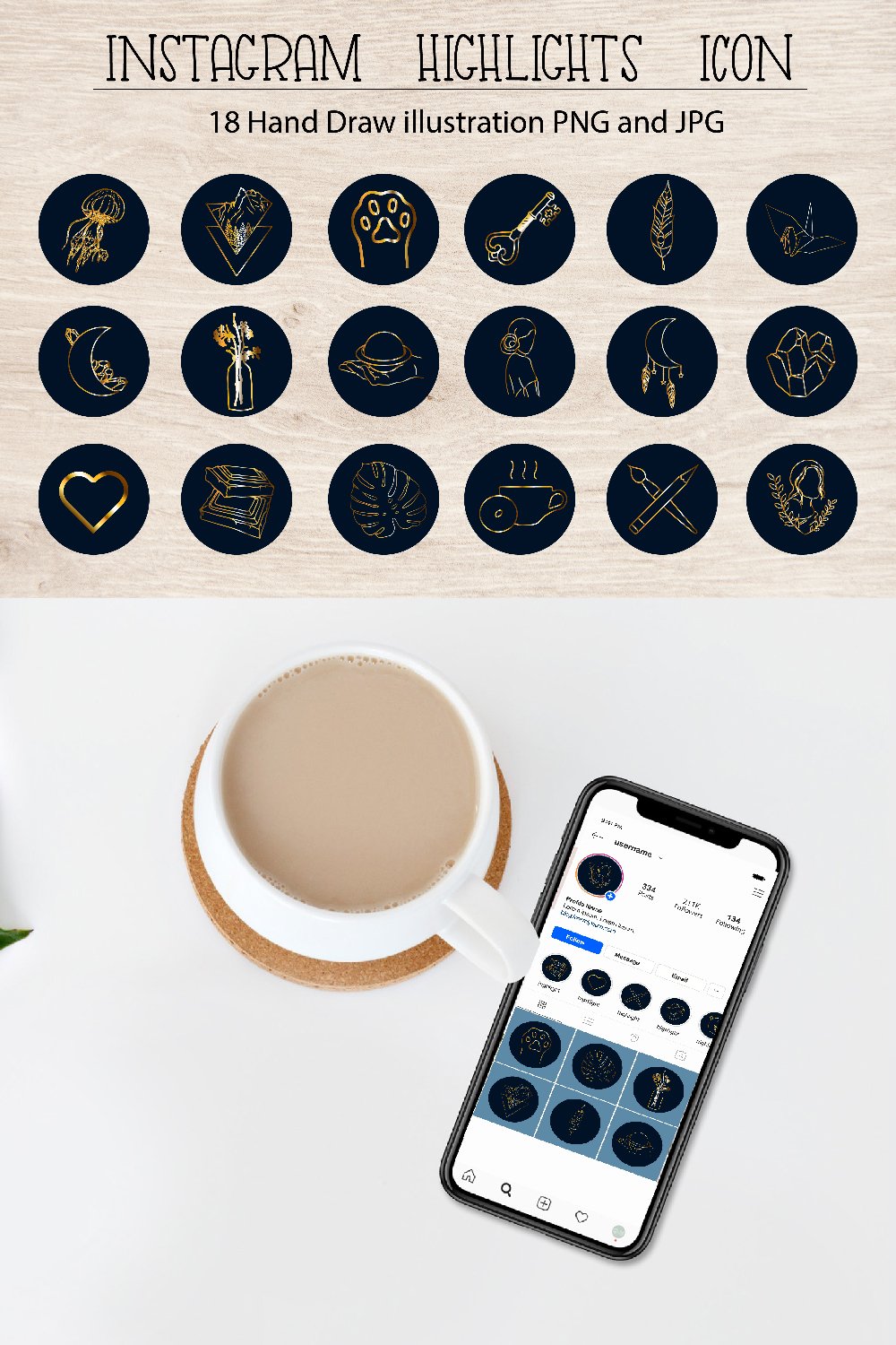 Instagram Highlights Icon.Gold logo.Story covers.Woman story