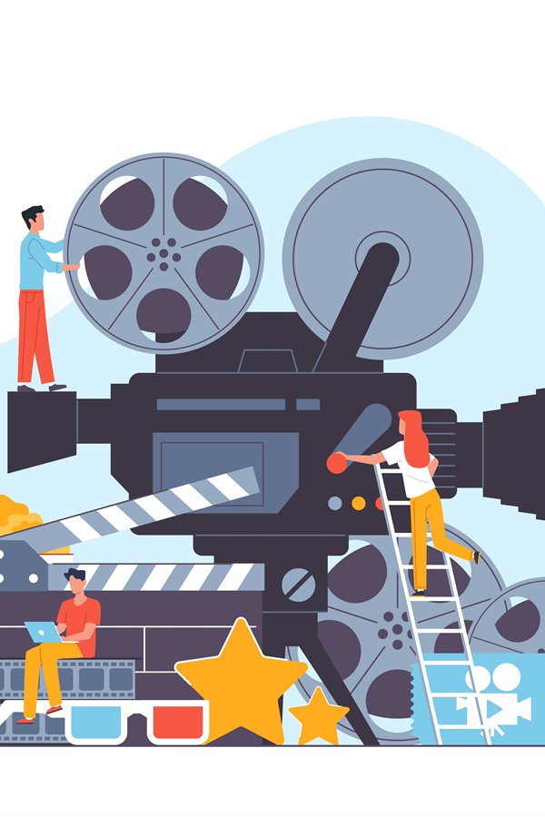 Cinema production process. Film production studio, cameraman