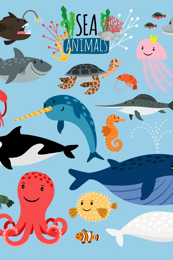 Sea Animals. Vector underwater animal creatures and fish in