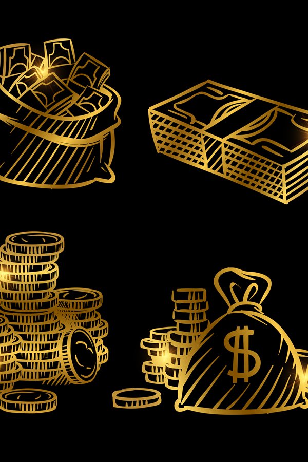 Sketch of money. Golden vector coins and money isolated on b