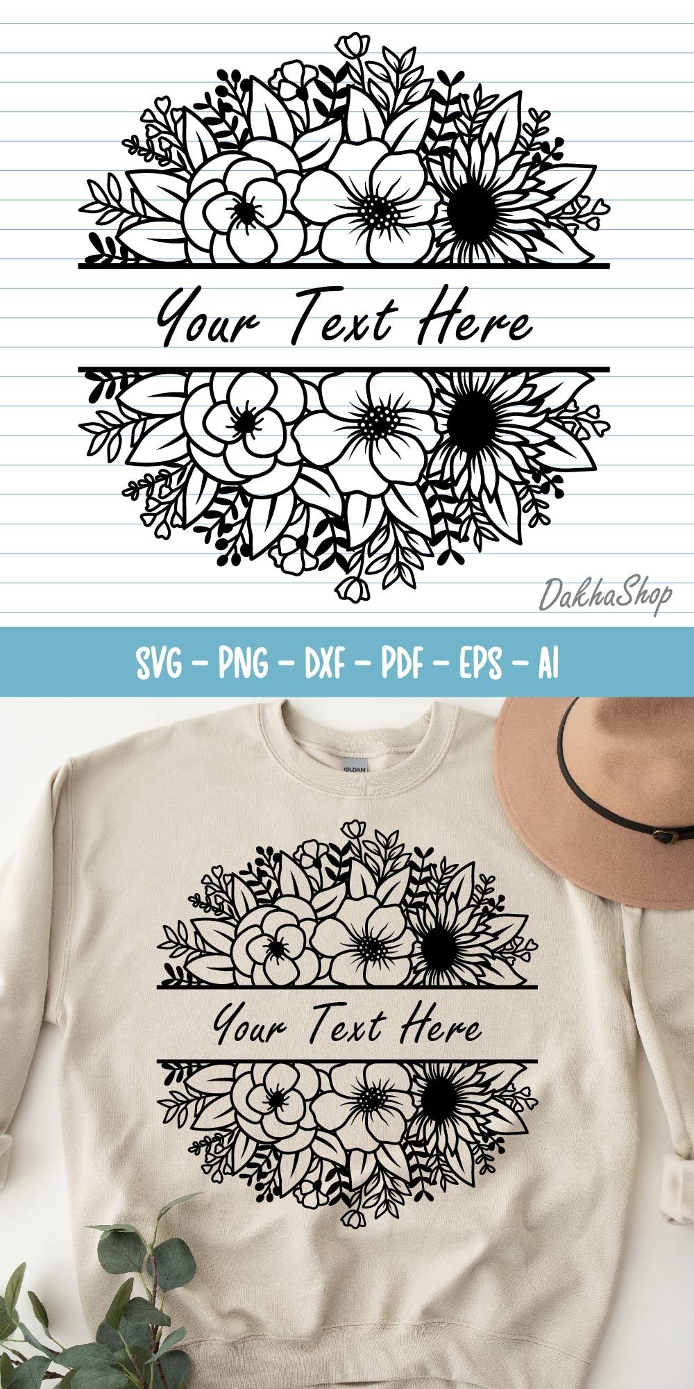 Flower Svg, Floral Split Monogram Svg, Flower Line Art Svg.