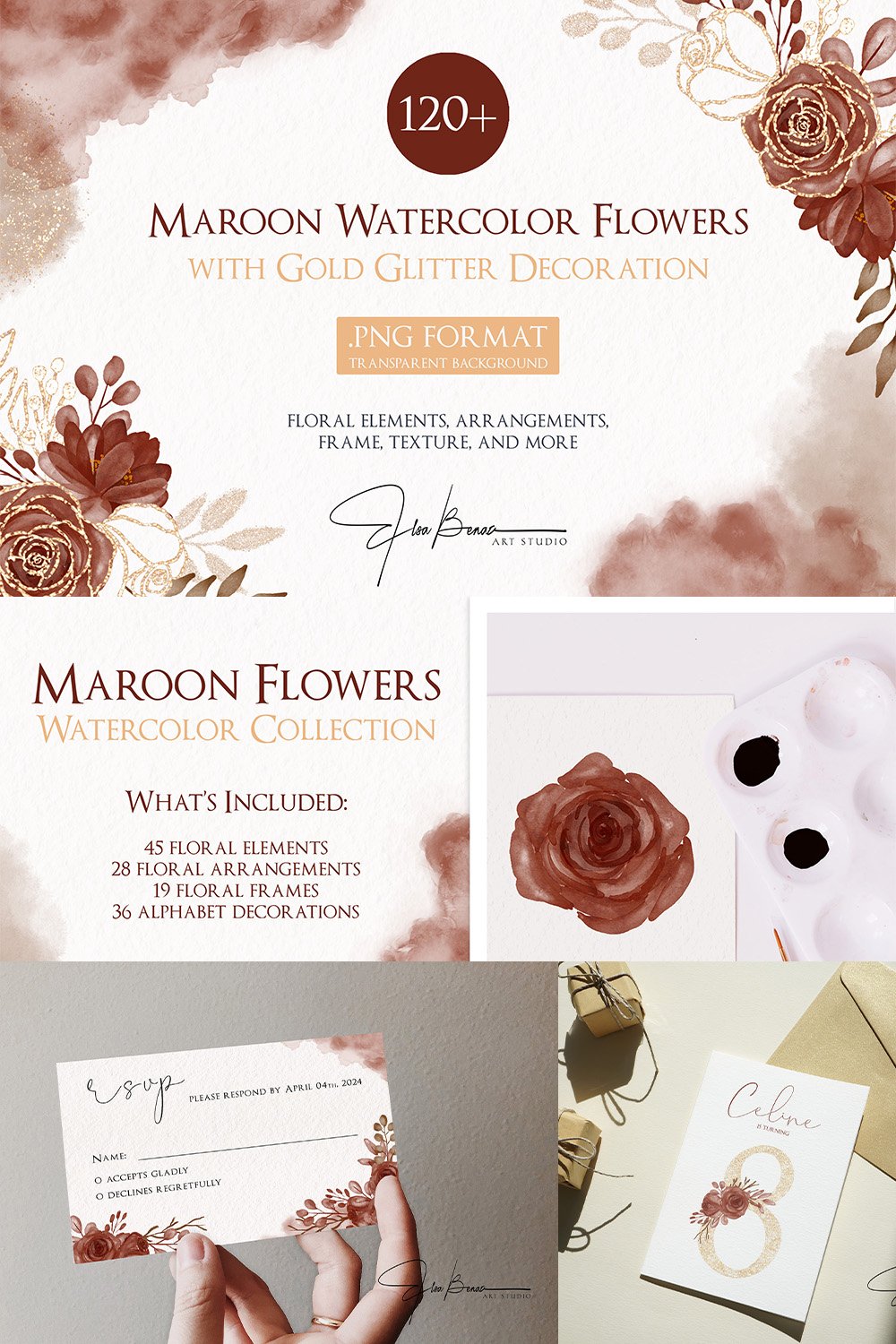 Maroon Watercolor Floral With Gold Glitter