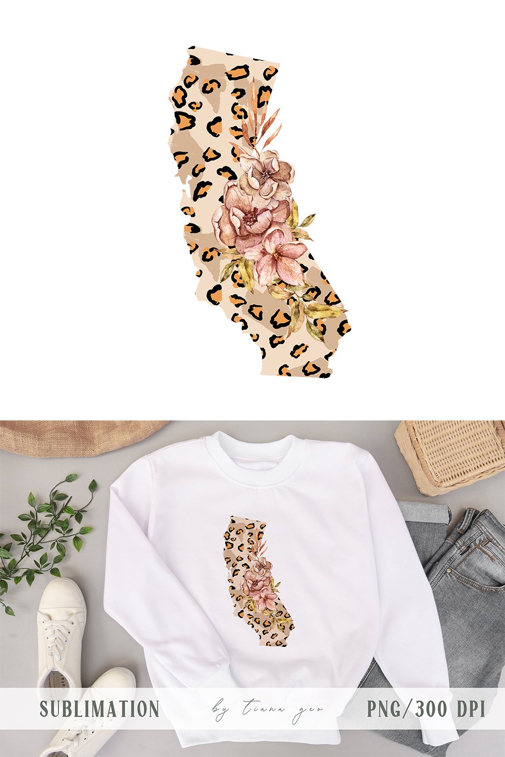 Watercolor floral California map png file for sublimation