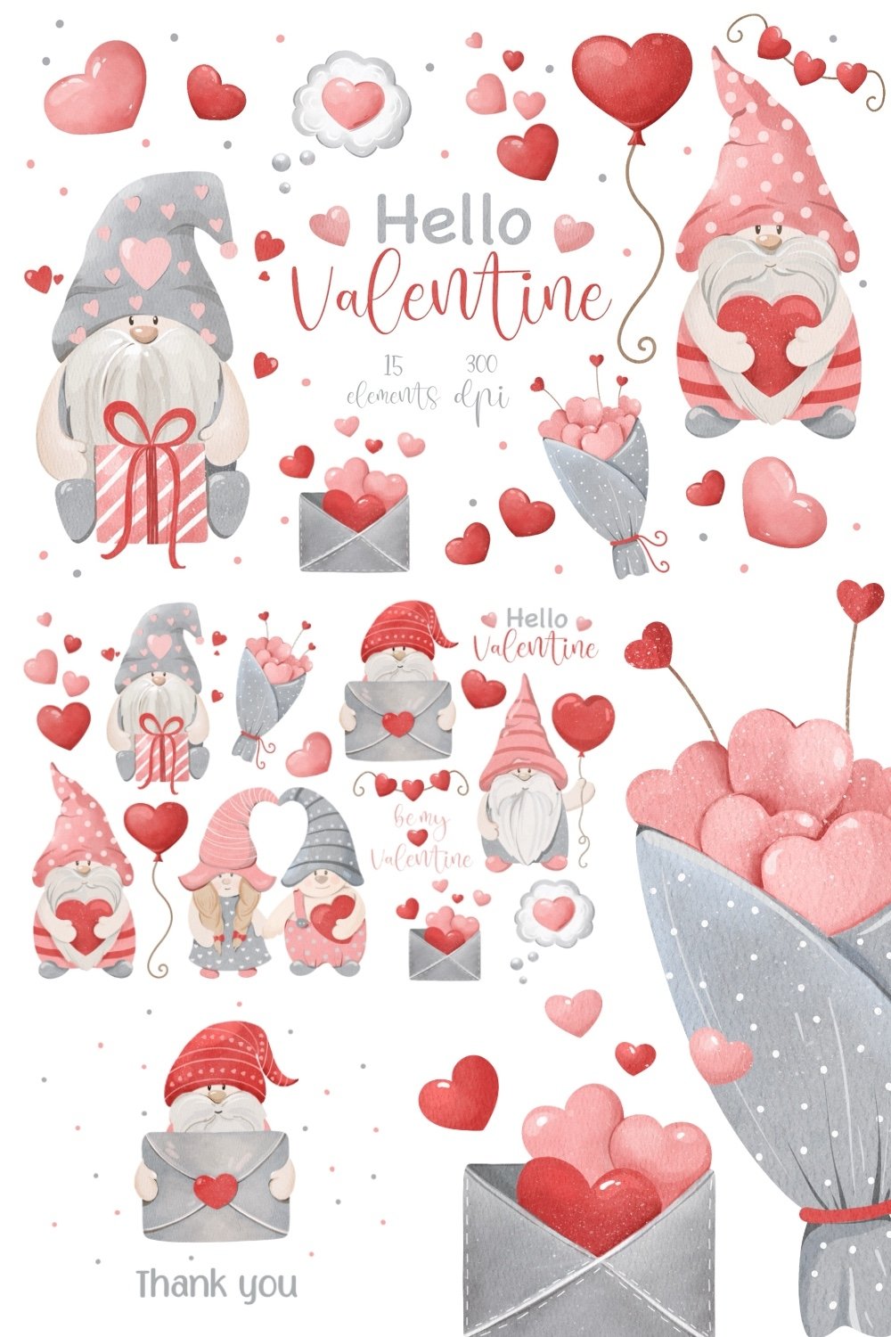 Watercolor Valentine Gnomes Clipart (3074851)