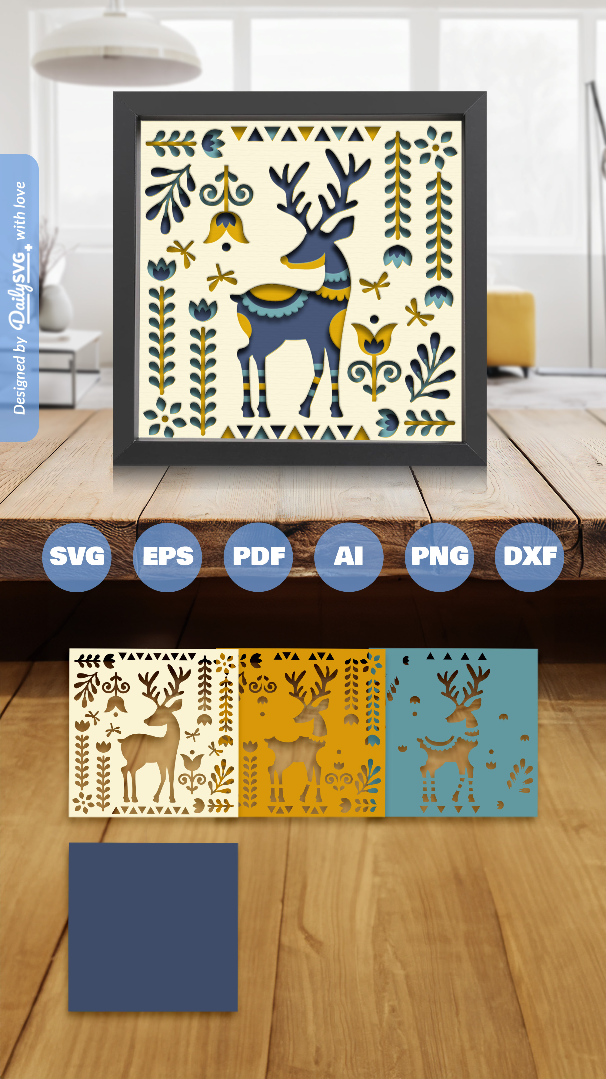 Deer Folk Art Layered Papercut 3D Shadow Box