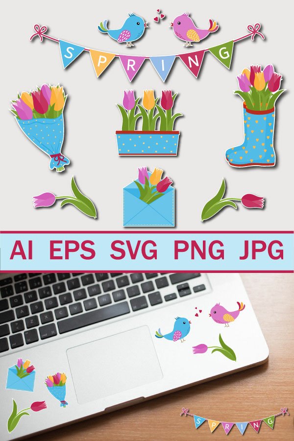 Spring bundle of stickers with birds and tulips