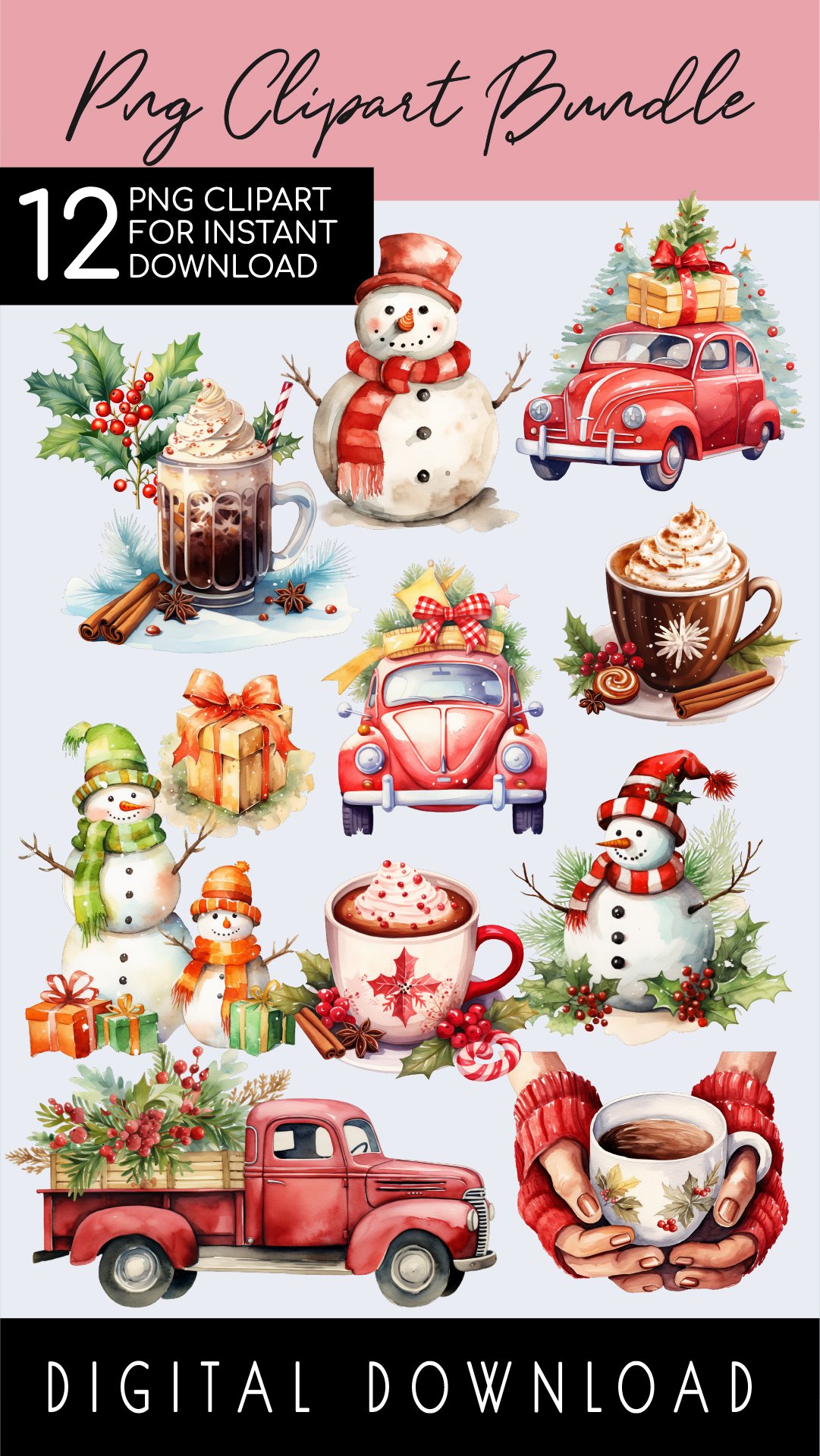Christmas Sublimation Bundle, Watercolor Christmas Clipart