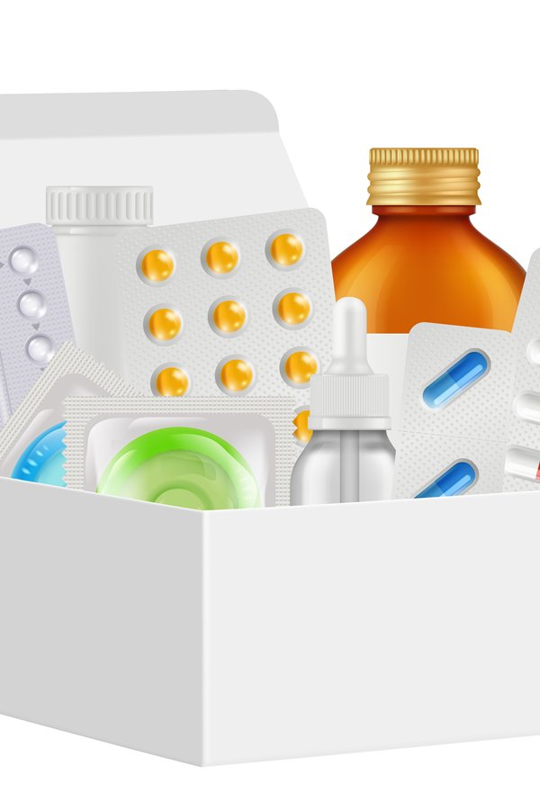 Medications kit. First aid box, realistic pills, bottles con