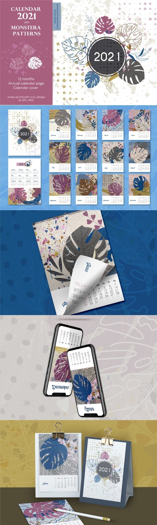 Wall Calendar 2021. Monstera leaves.