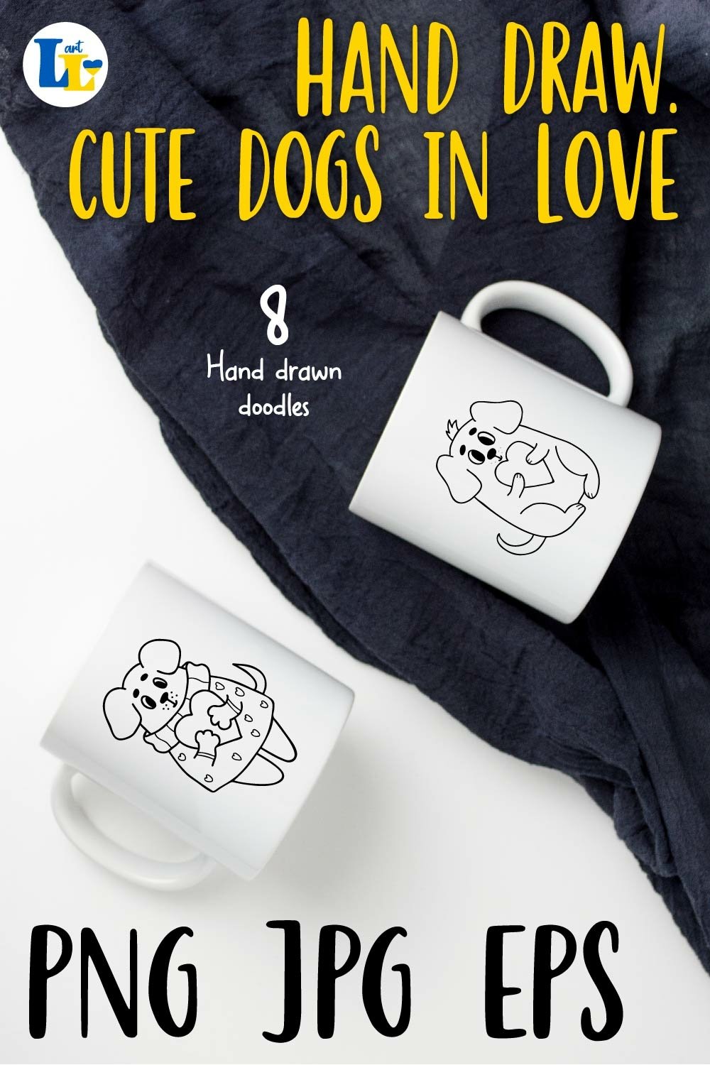 Cute in love dog pets. Doodle set. linear Hand drawn