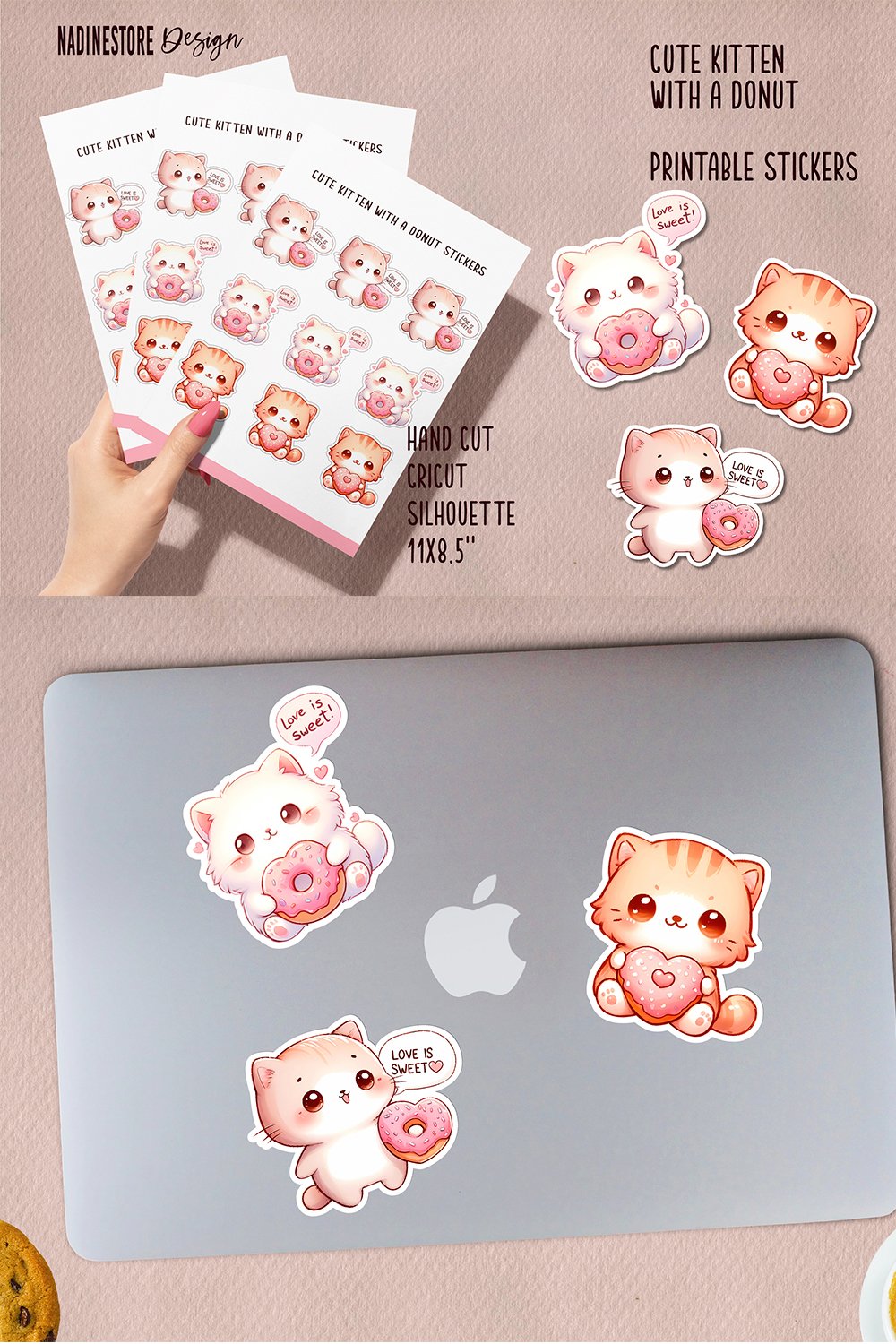 Cute kitten with a donut printable stickers. PNG.
