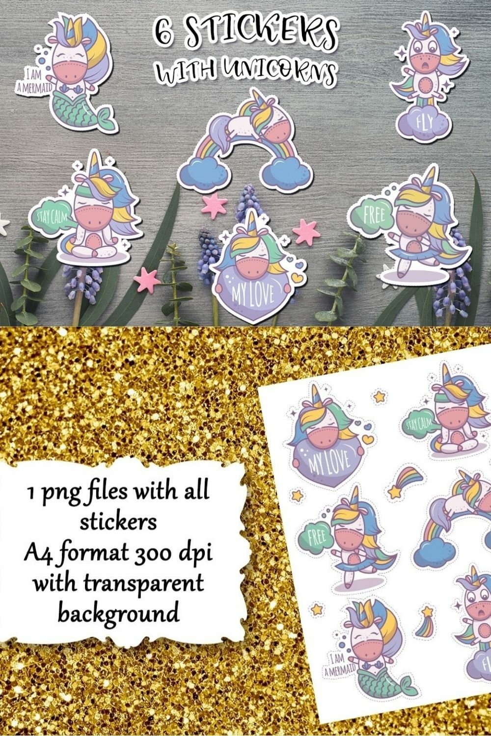 6 funny magical unicorn stickers bundle