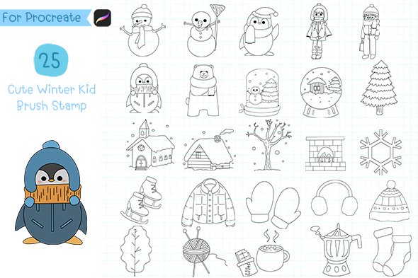 Procreate Brush Stamp Cute Winter Kid Handdrawn (1583122)