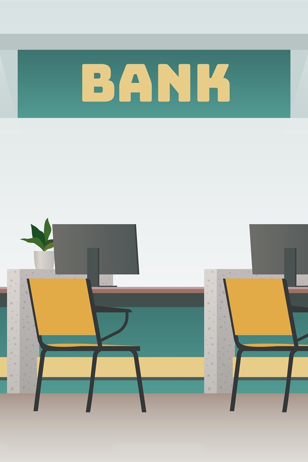 Bank office interior. Big work corporate room with computer