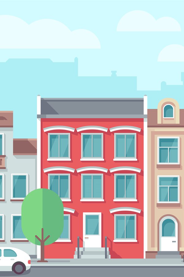 Vector cityscape with old apartment houses. Vector seamless