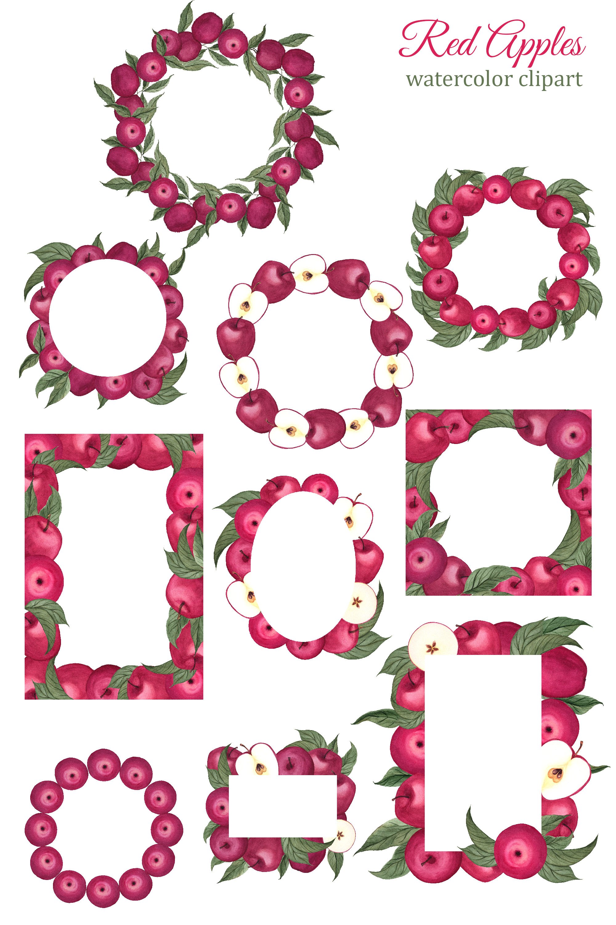 Watercolor Apple Frames and Wreath clipart. Harvest PNG