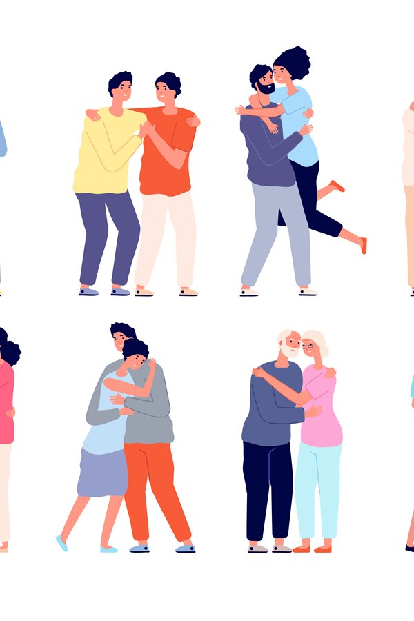 Hugging people. Embracing person, friends support each other
