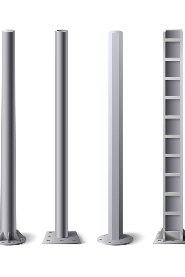 Metal poles. Steel construction pole, aluminum pipes and met