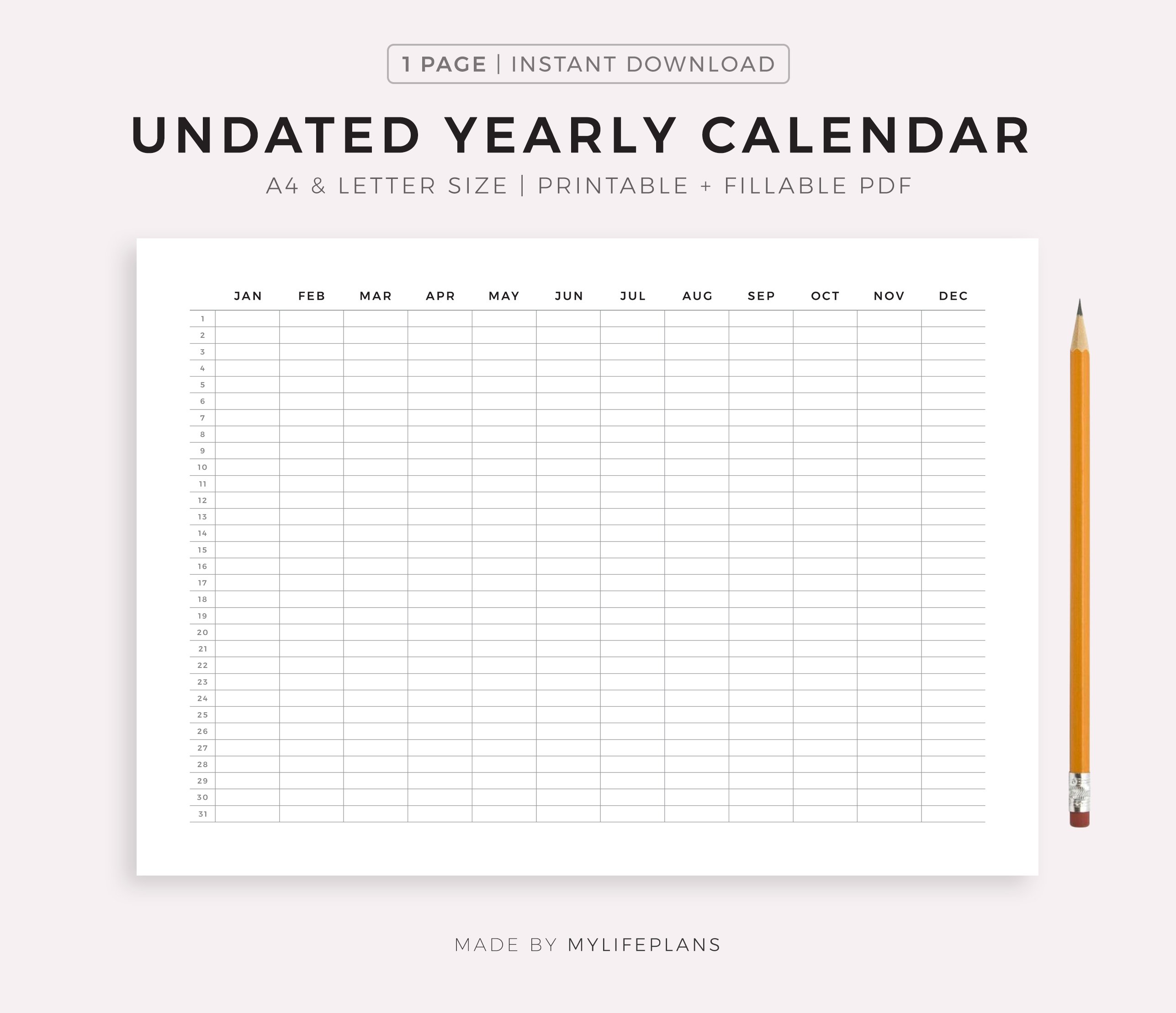 Undated Year Calendar Printable & Fillable, Year At a Glance