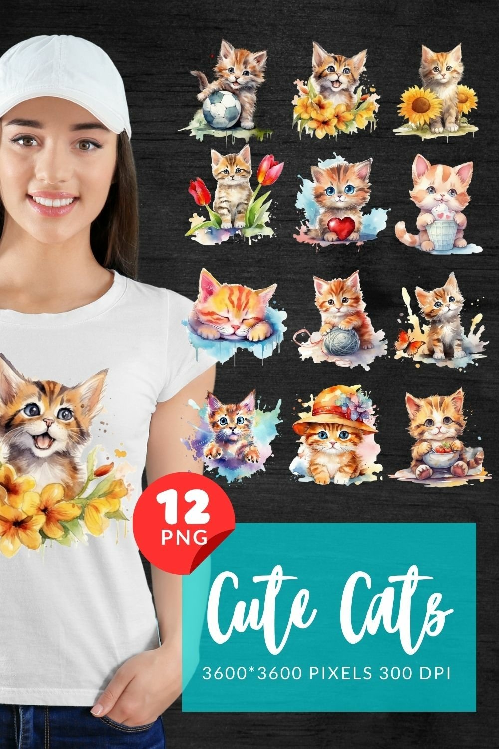 Cute Cats 12 PNG Sublimation Designs Bundle