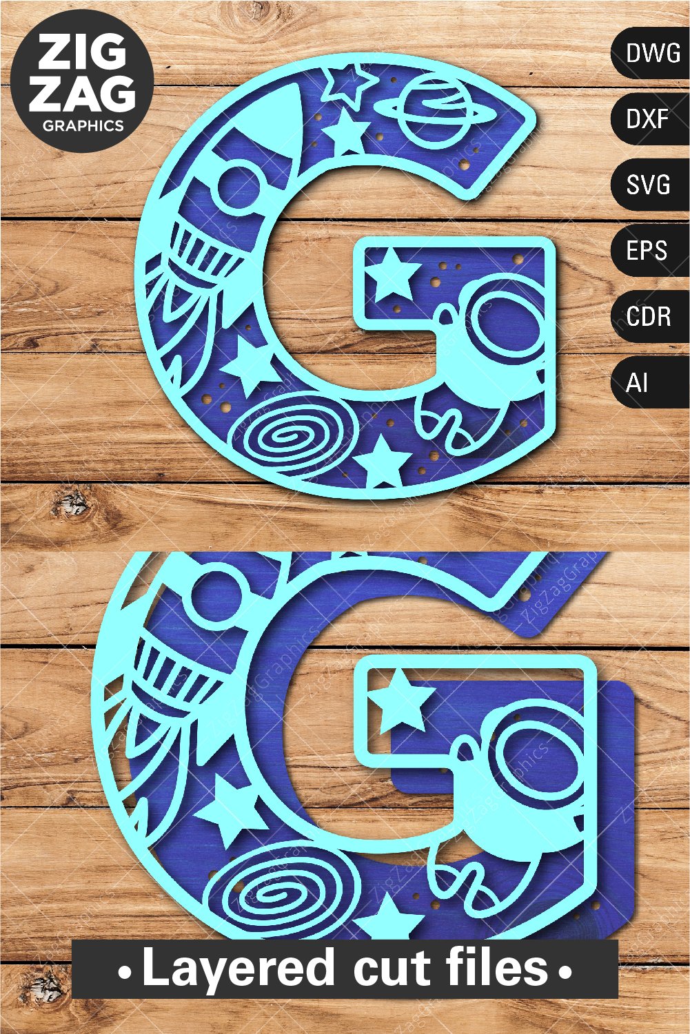 layered kids letter G with space rocket astronaut and stars