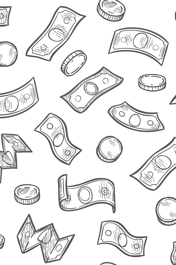 Money rain seamless pattern. Sketch dollar banknotes and coi