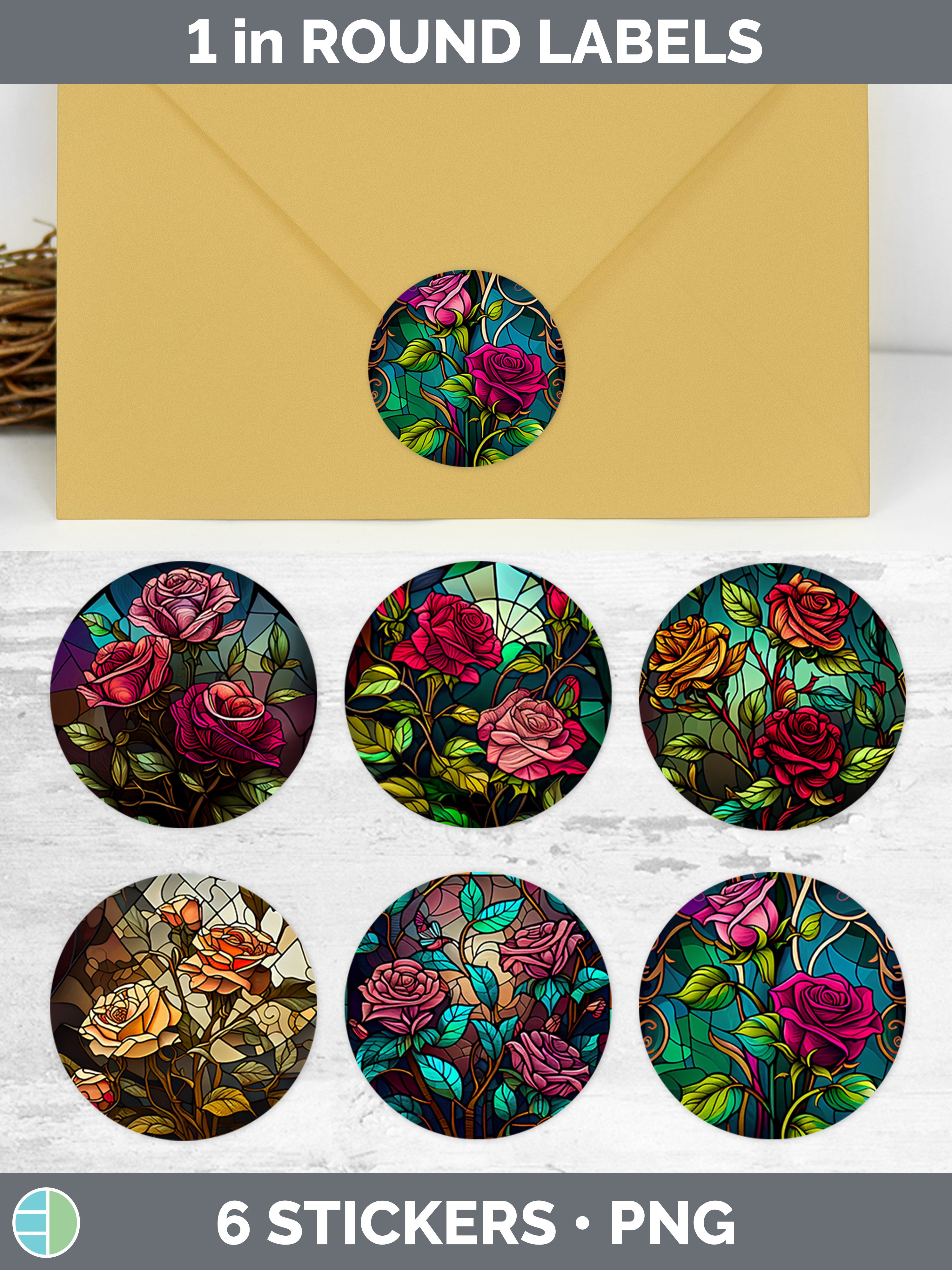 Stained Glass Rose Flowers Stickers | Round Labels Designs B