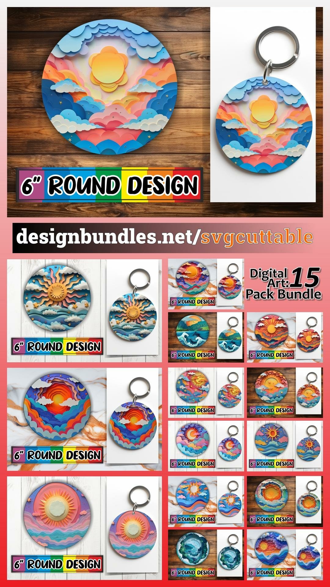 15x 3D Sun Round Design Sublimation Bundle PNG, Keychain