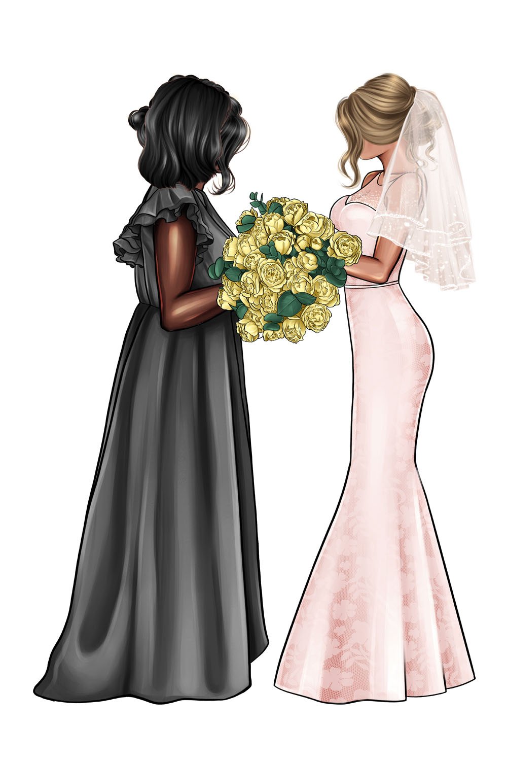 Newlyweds with Parents, Groom Bride Mom Dad, Wedding clipart