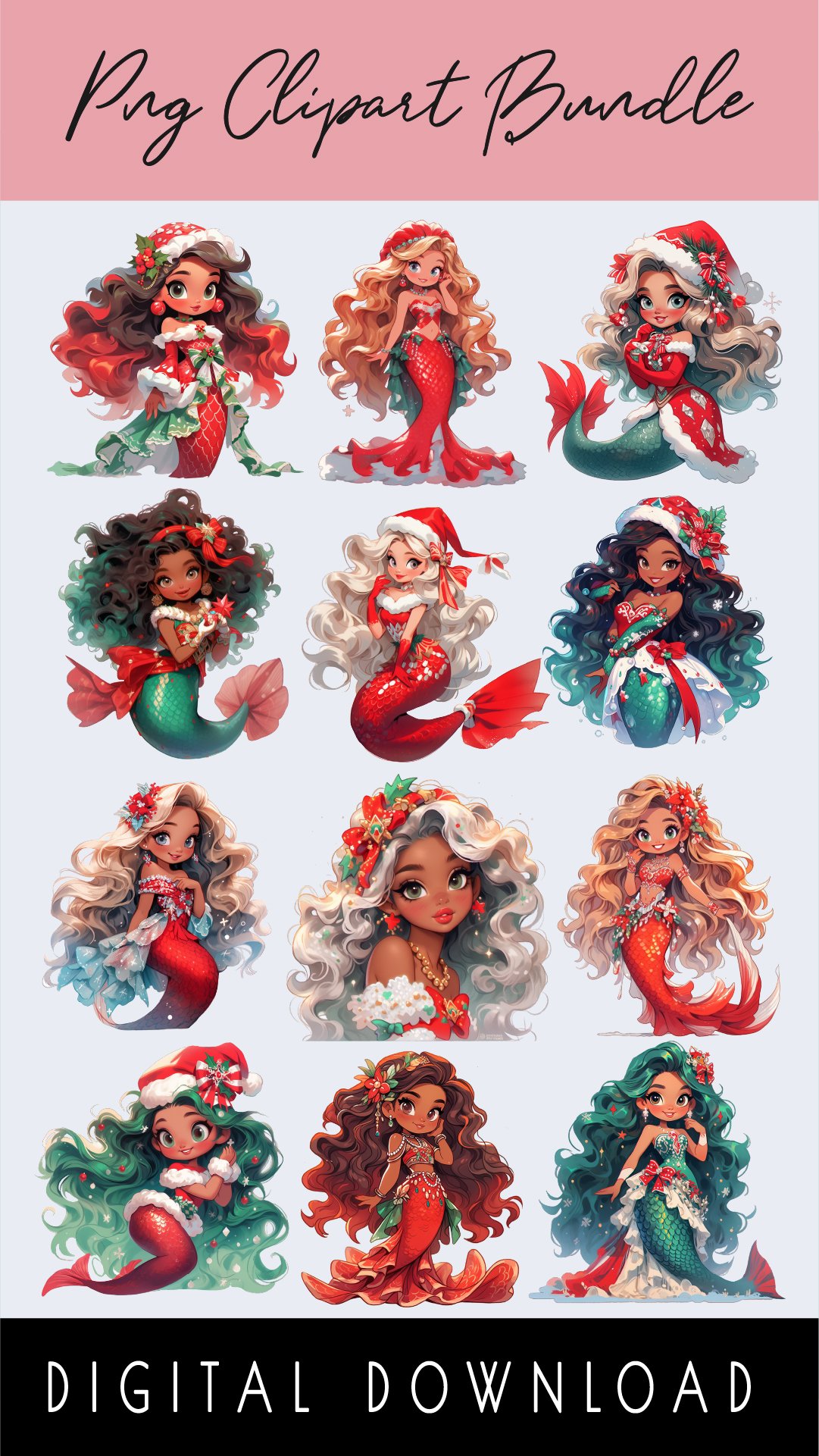 Christmas Mermaid Clipart Bundle Kids Christmas Sublimation