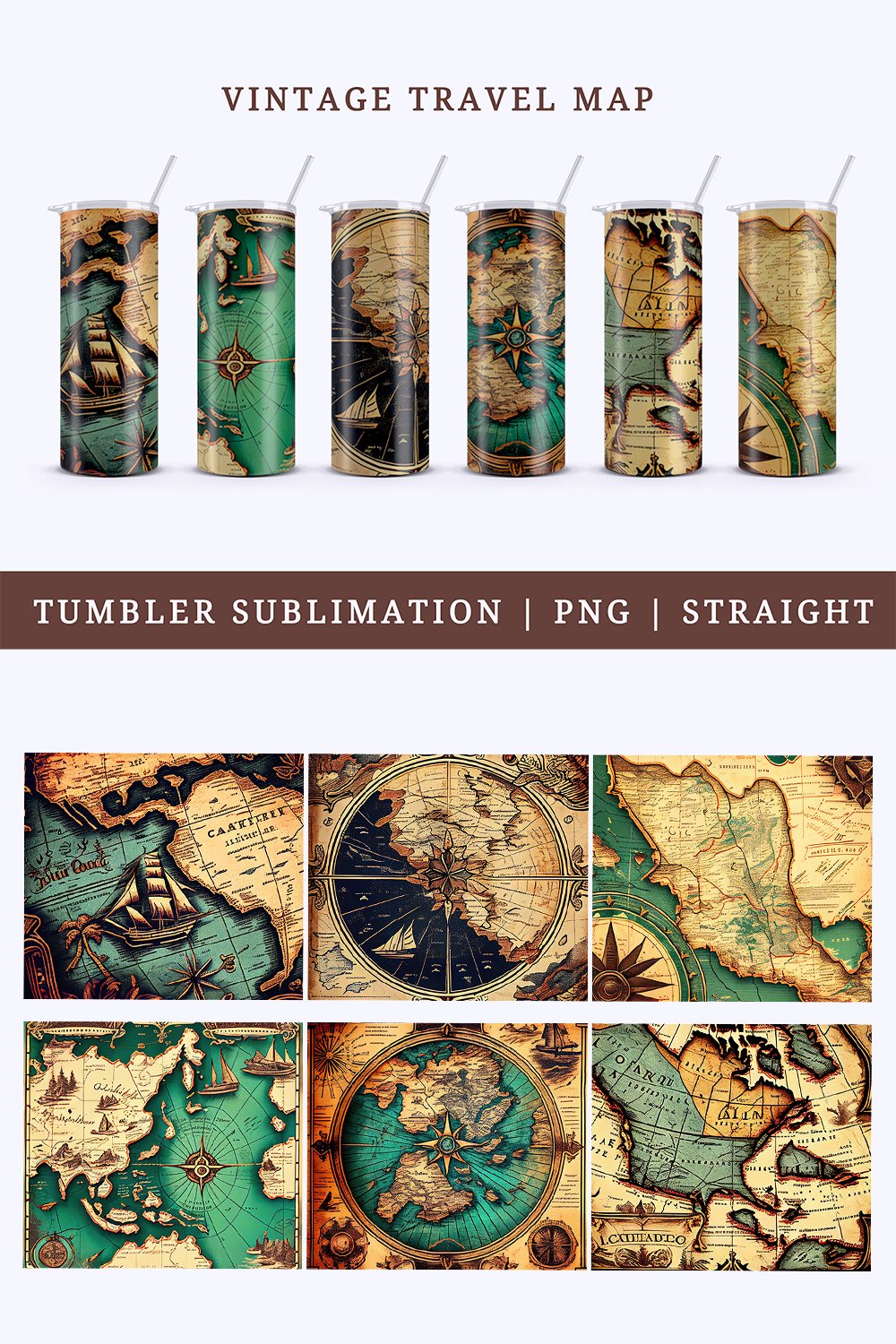 Vintage Travel Map tumbler sublimation bundle, 6 wrap design