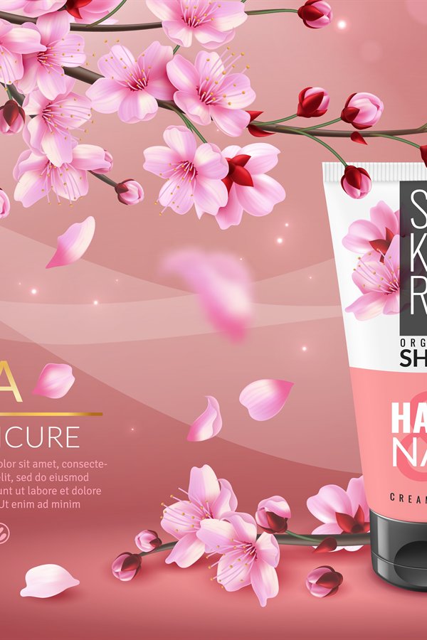 Sakura cosmetic. Cherry blossom sakura branches with pink pe