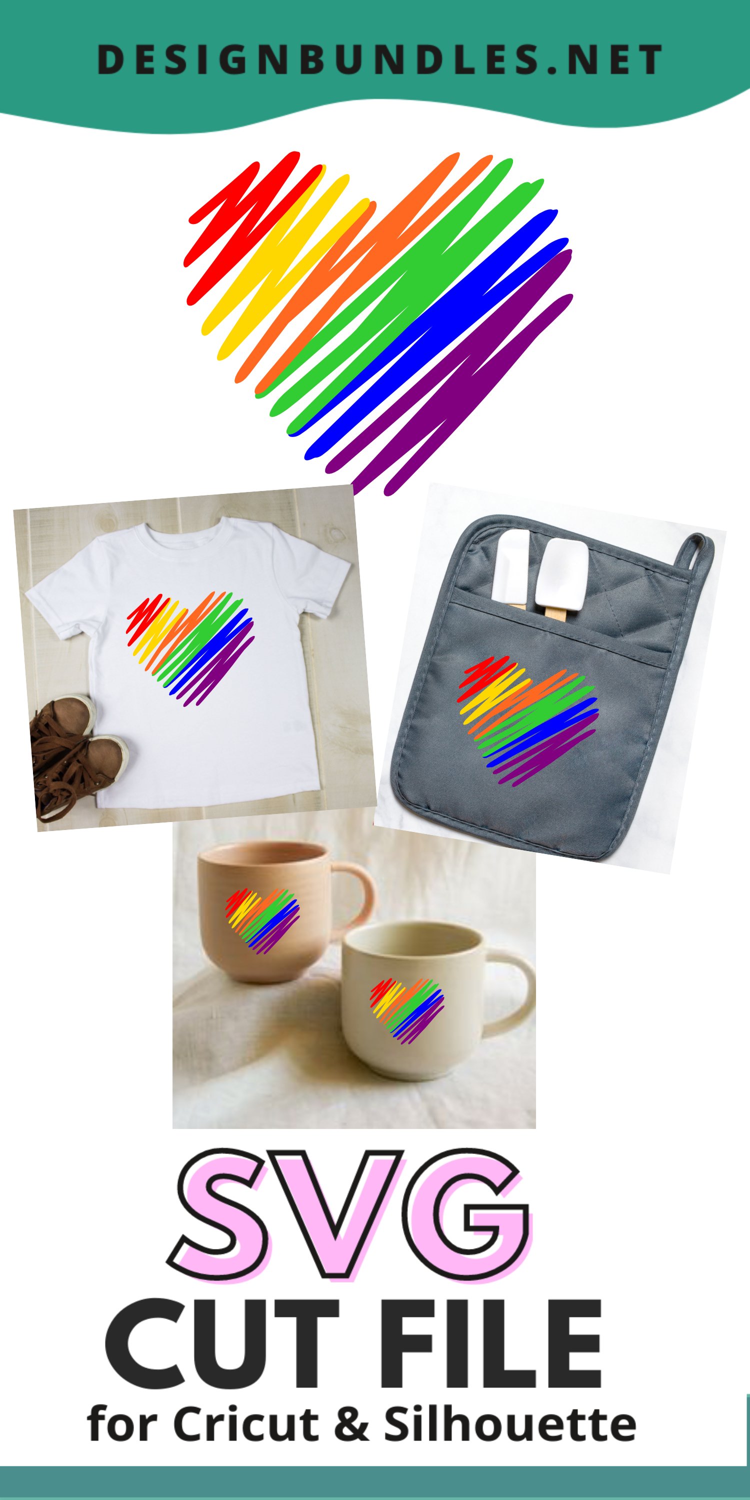 HEART SCRIBBLE RAINBOW SVG CRICUT SILHOUETTE CUTTING FILE